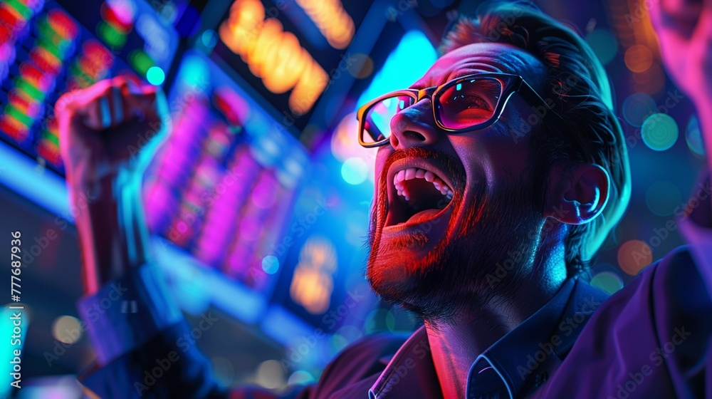 Illustrate the thrill of a successful trade, as a trader celebrates a ...