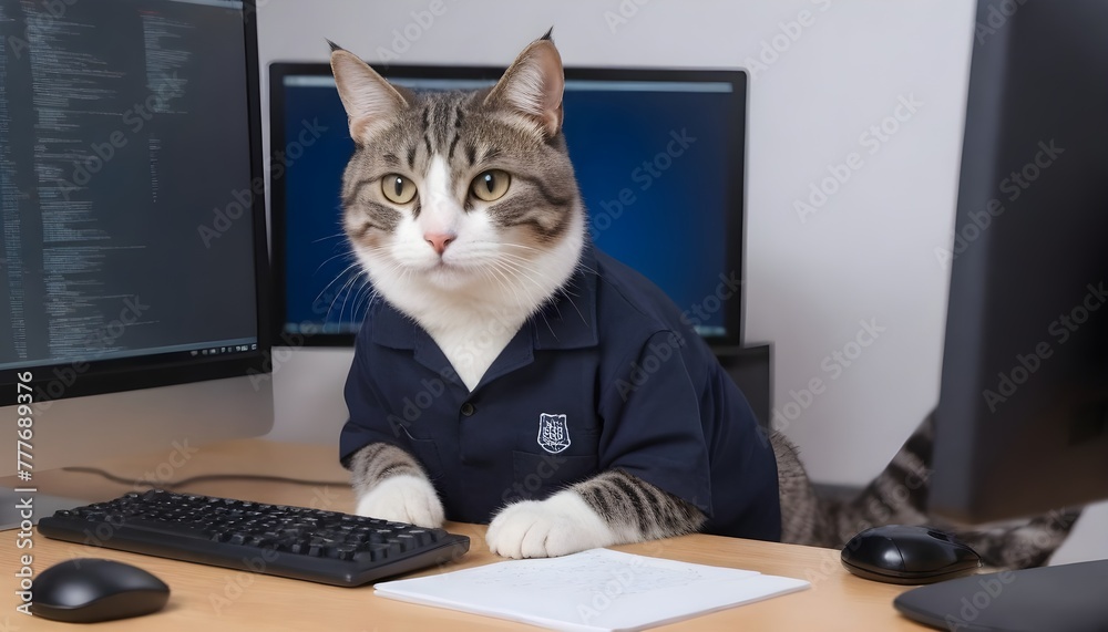 Cat programmer sitting at a computer with 3 screens displaying programming code, wearing ...