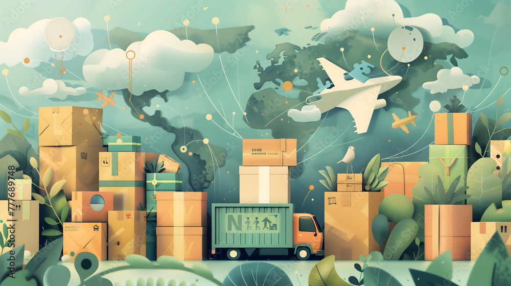 global shipping, with boxes and cargo trucks moving across the world ...