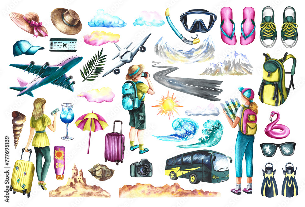 A set with a journey. Tourists and travelers, Clip art with travel and ...