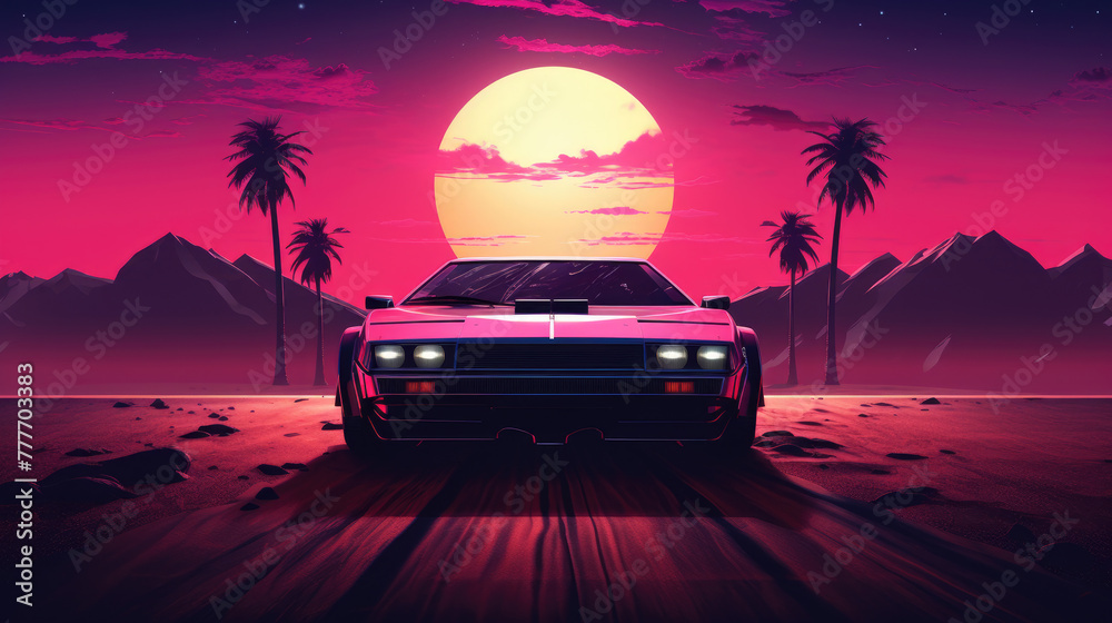 80s retro futuristic drive with vintage car. Stylized sci-fi landscape ...