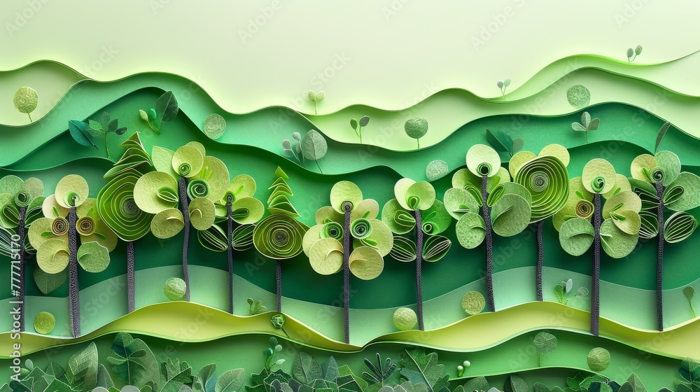 quilling art landscape of a reforestation area, showing young trees and ...