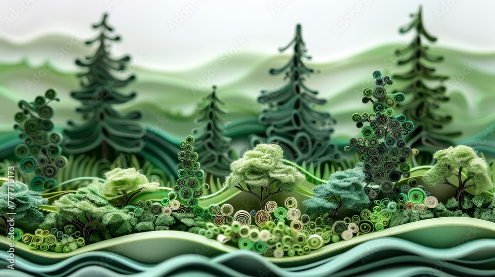 quilling art landscape of a reforestation area, showing young trees and ...