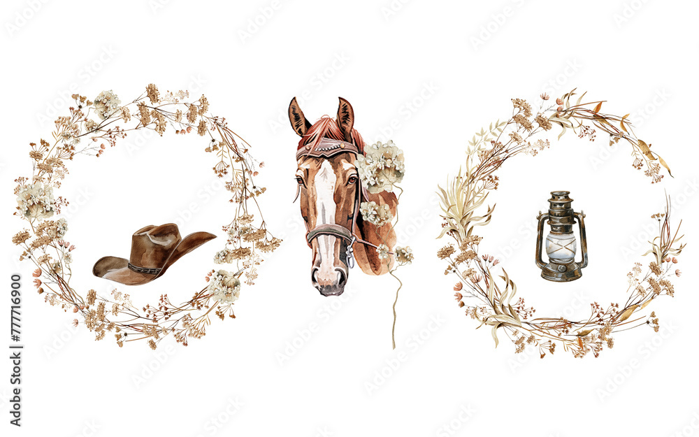 Watercolor wild west set. Western farm composition with horse, dried ...