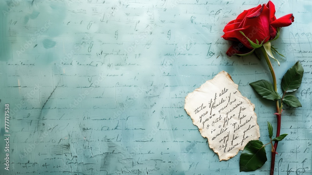 Red rose lies next to handwritten note on blue background with cursive ...