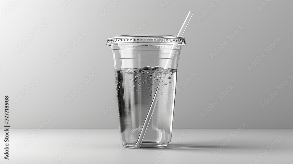 Vector realistic 3d empty clear plastic disposable cup with a straw closeup isolated on ...