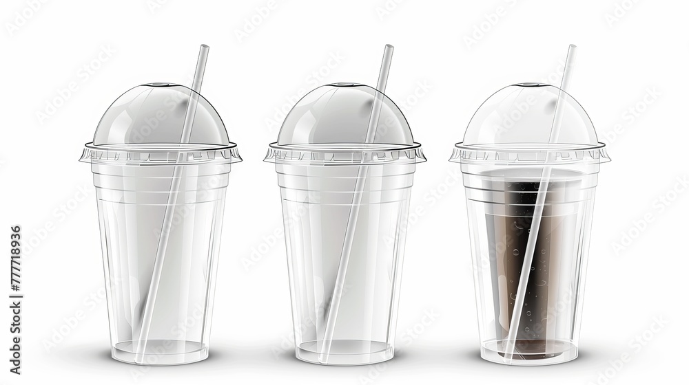 Vector realistic 3d empty clear plastic disposable cup with a straw set closeup isolated on ...