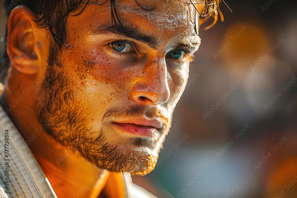 A detailed view of a mans face showing prominent freckles scattered ...