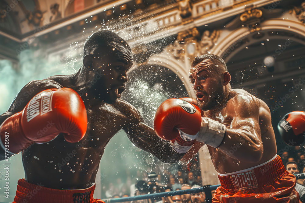 Two men engaged in a boxing match inside a standard scale boxing ring ...