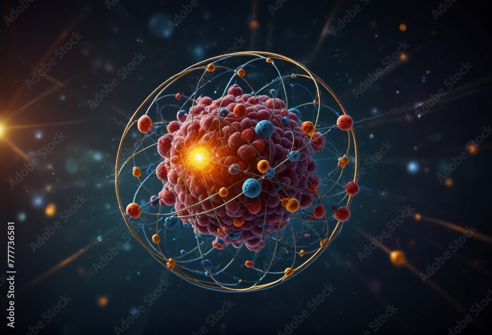 This digital artwork represents a stylized atomic structure ...