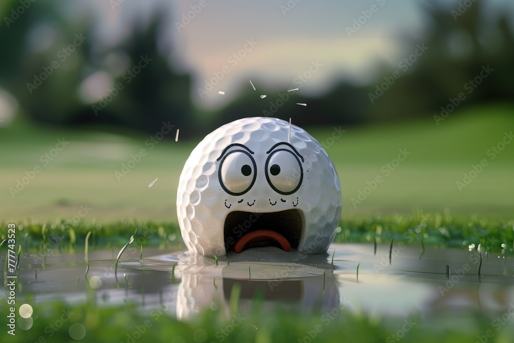 Funny golf ball character stuck in a water hazard on the golf green ...