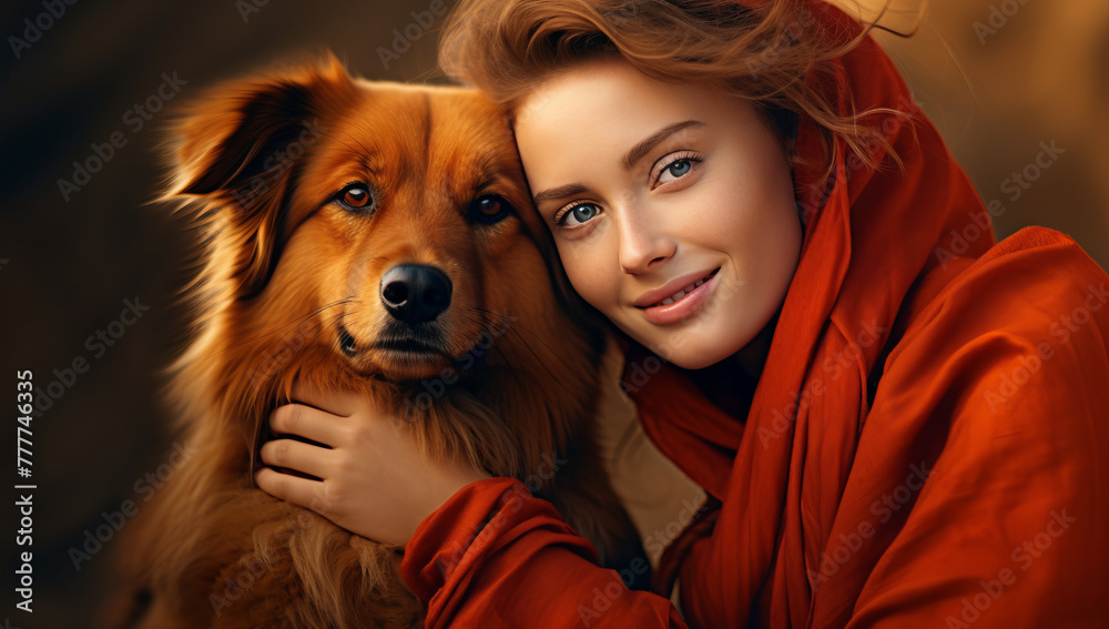 Beautiful red head woman posing with a dog. Woman posing happy with her ...