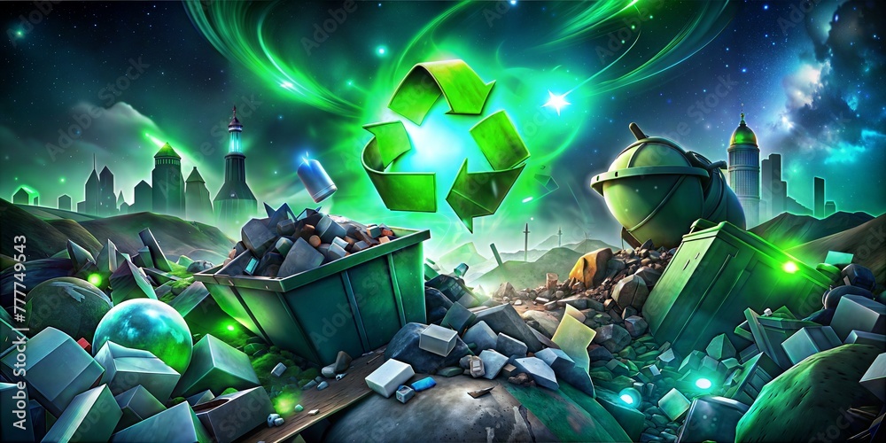 Vibrant concept art scene depicting active garbage recycling on a ...