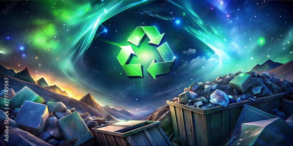 Surreal landscape illustrates recycling awareness, with a recycle ...