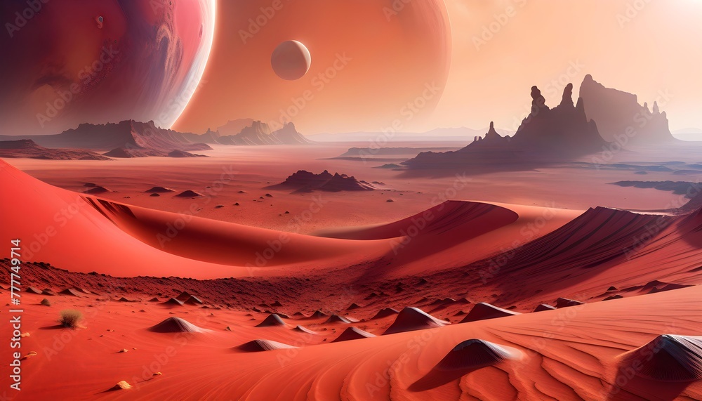 Futuristic alien landscape with red sand dunes, rocky formations, and ...