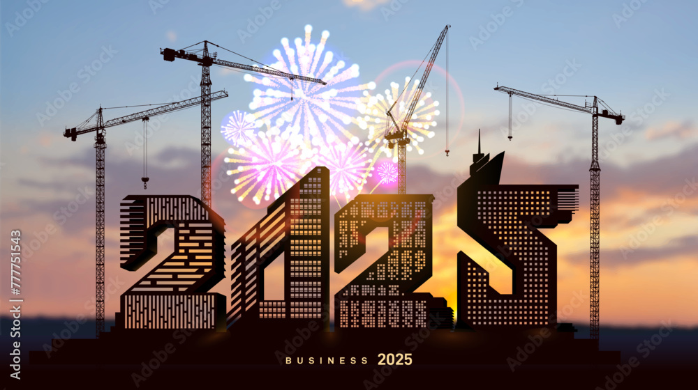Silhouette construction cranes and houses in the form of numbers 2025 ...