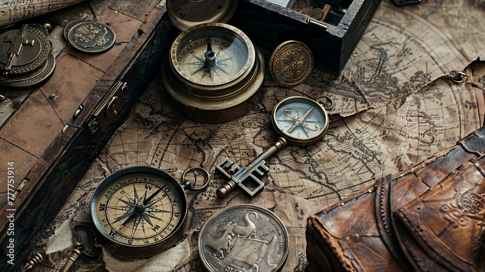 Discover a trove of unique pirate relics, including a compass, bottle ...