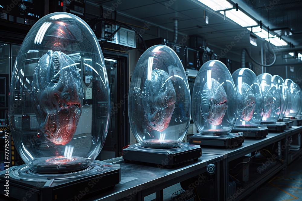 A row of futuristic glass pods with alien babies in a laboratory ...