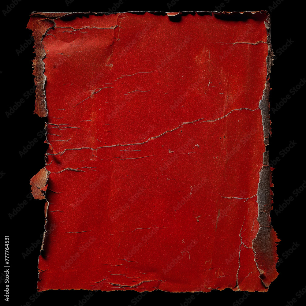 single piece of red paper with a torn corner, dark background, in the ...