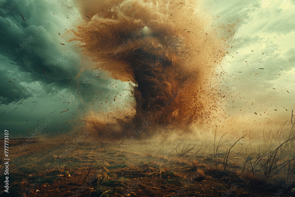 A twisting tornado funnel touching down in the open plains, stirring up ...