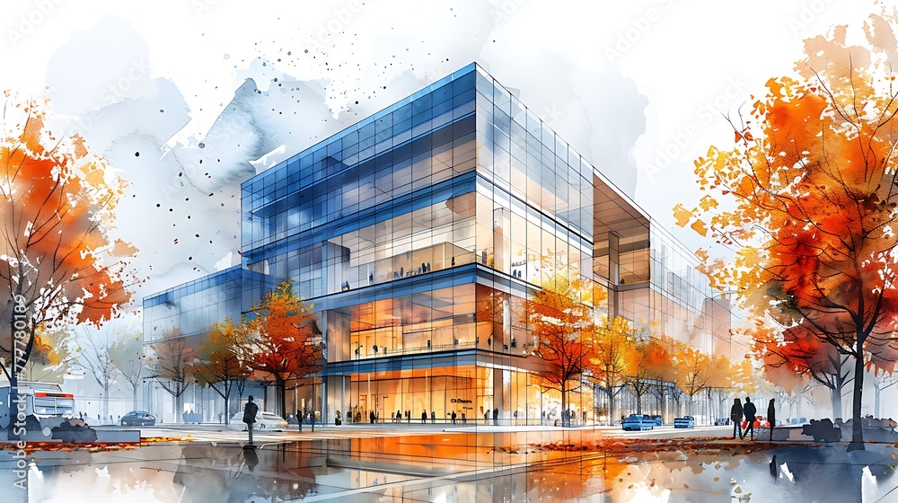concept drawing of an office building, an architectural sketch and ...