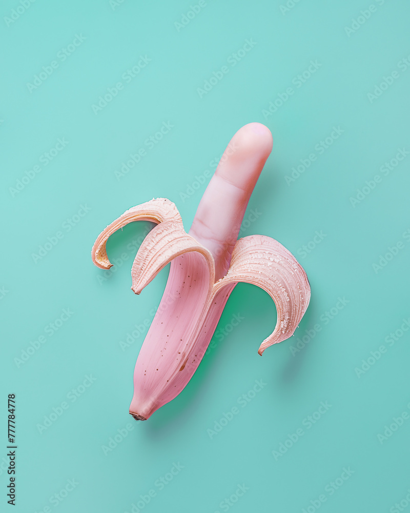 Banana with peel painted pink giving middle finger to someone, isolated ...