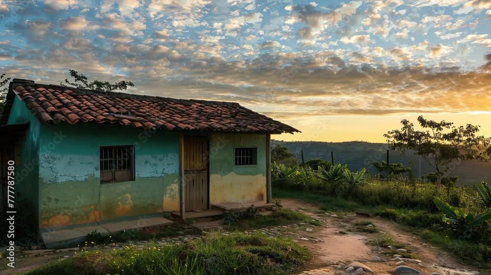 poor concrete house in the hill simple small home with square window on ...
