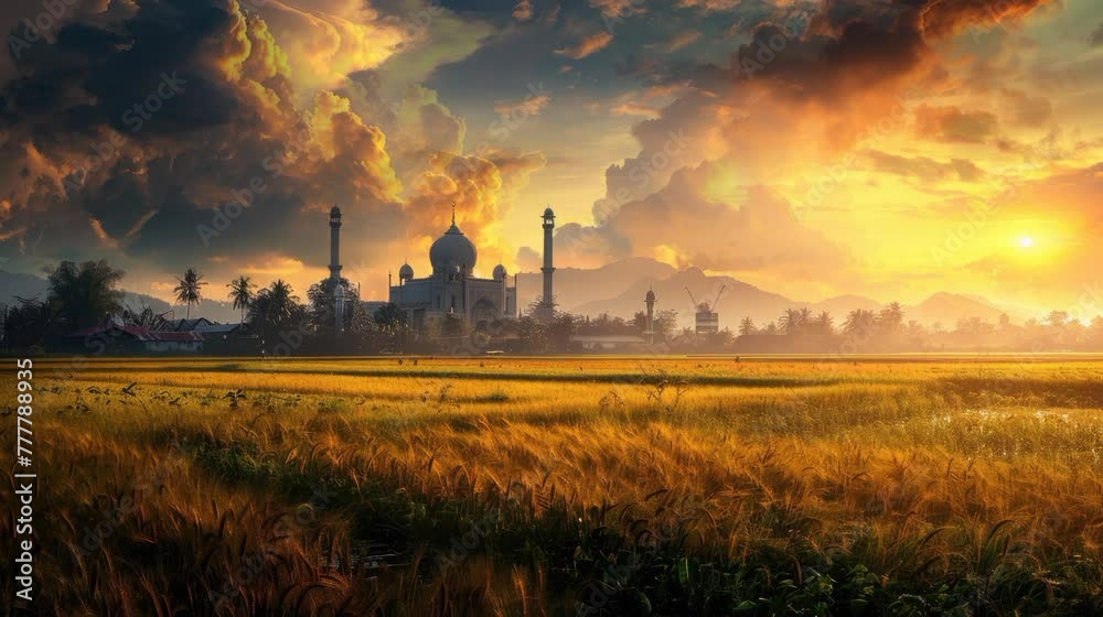 rice field flour farm near mosque islamic loop video greeting ...