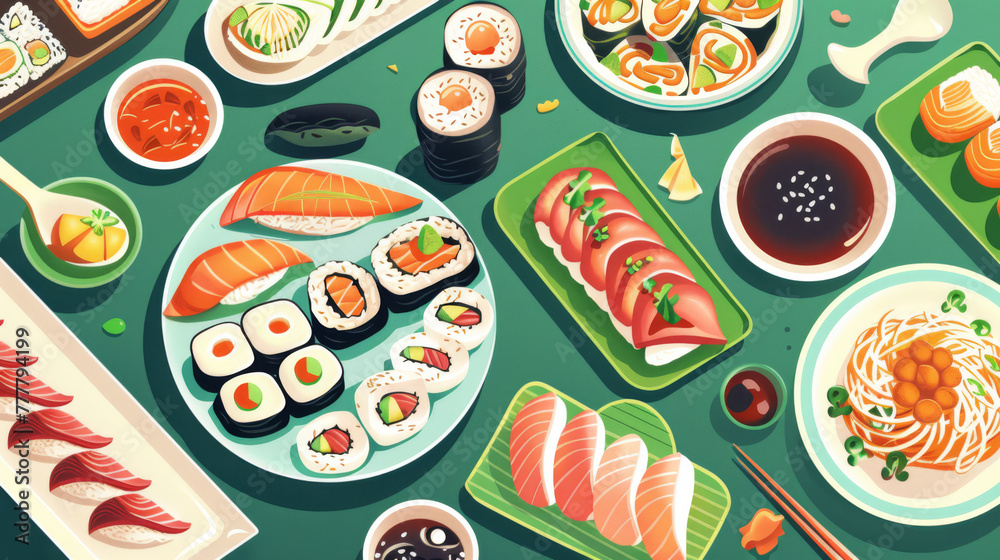 Vector art sushi rolls leap into 3D space, creating a dynamic culinary ...