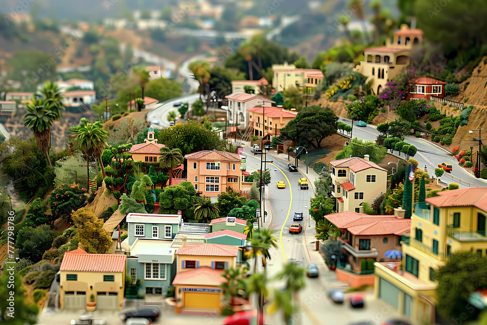 miniature model of hilly Los Angeles or Hollywood neighborhood with ...