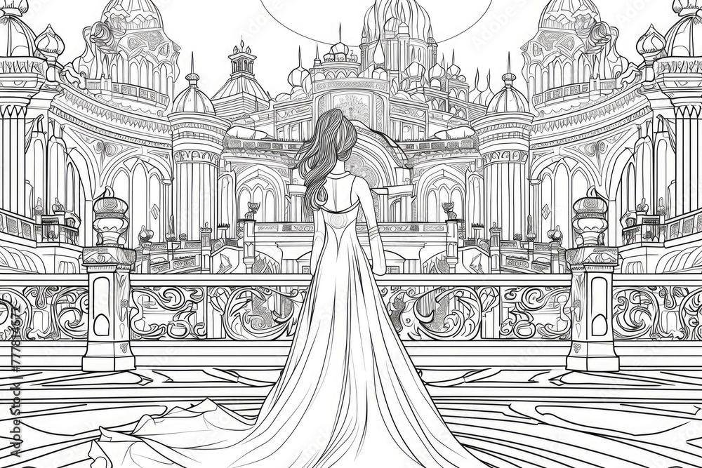Fairy tale princess by magic palace coloring page for children. Black ...