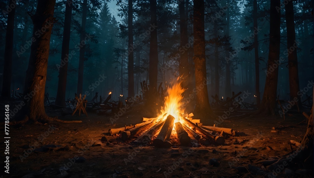A mystical bonfire in an ancient forest clearing, surrounded by ...