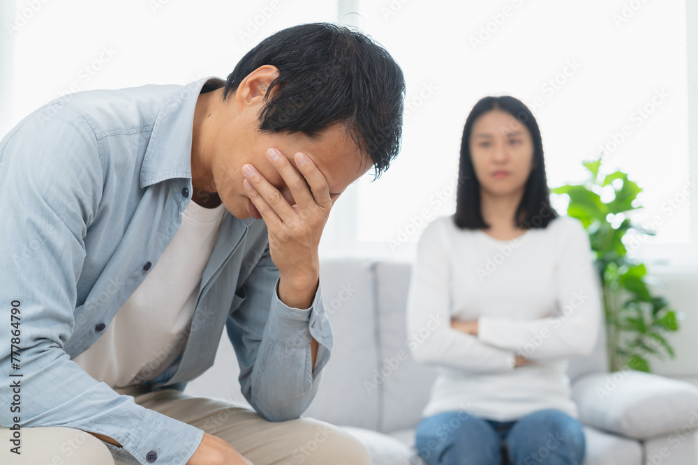 Family divorce problem concept, Husband and wife sitting separating ...