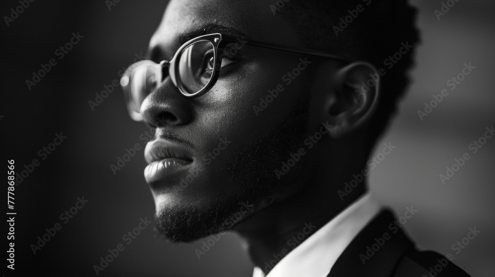 A striking black and white portrait of a Black man his sharp jawline ...