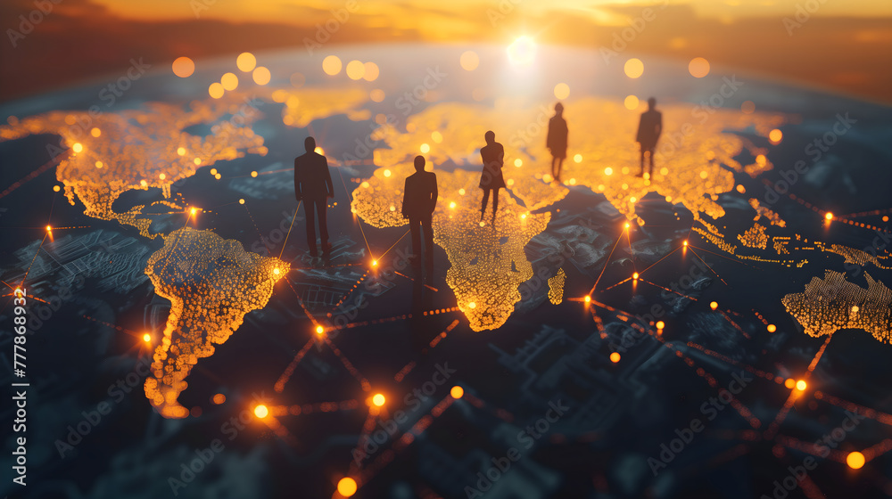 Business network concept with business people silhouettes standing on ...