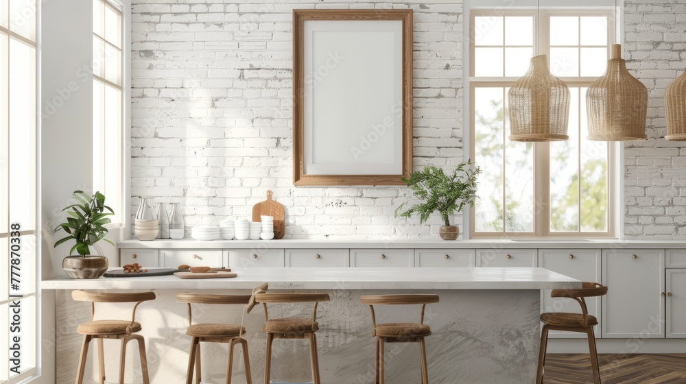 Mock up poster frame in kitchen interior, Farmhouse style, 3d render ...