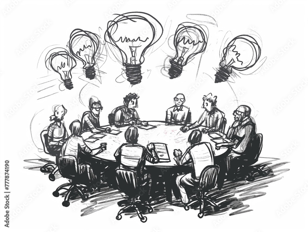 Brainstorming Session, A doodle of a team huddled around a cluttered ...
