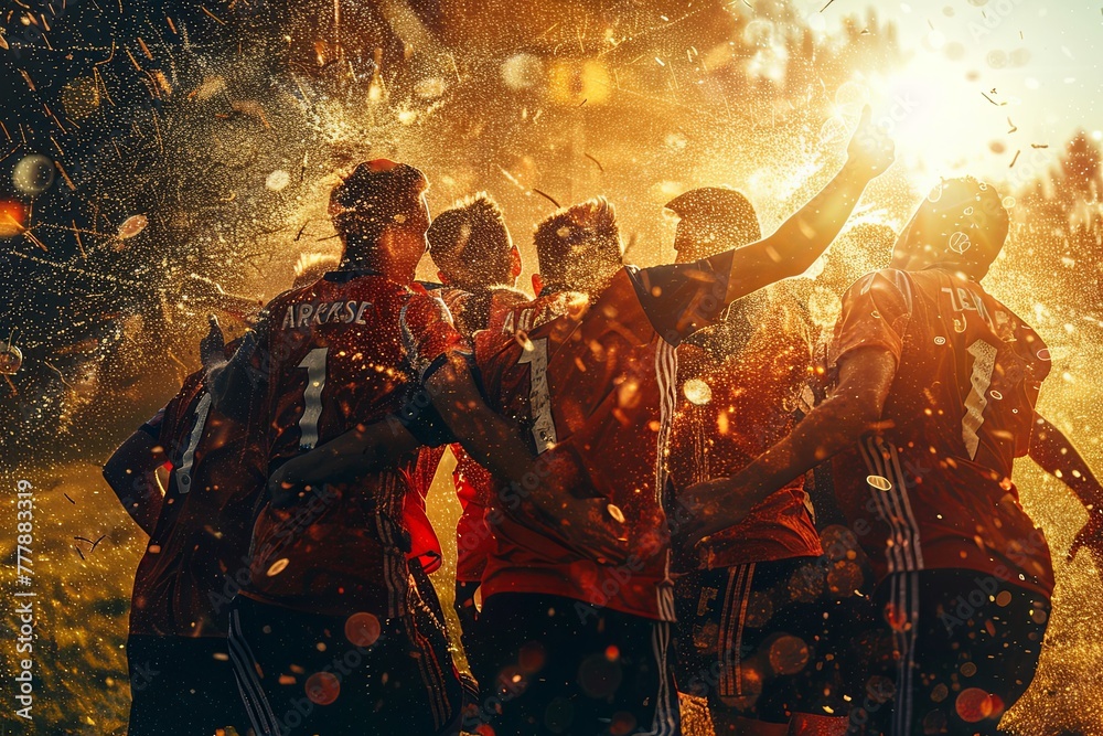 A group of soccer players are gathered closely together, huddling in ...