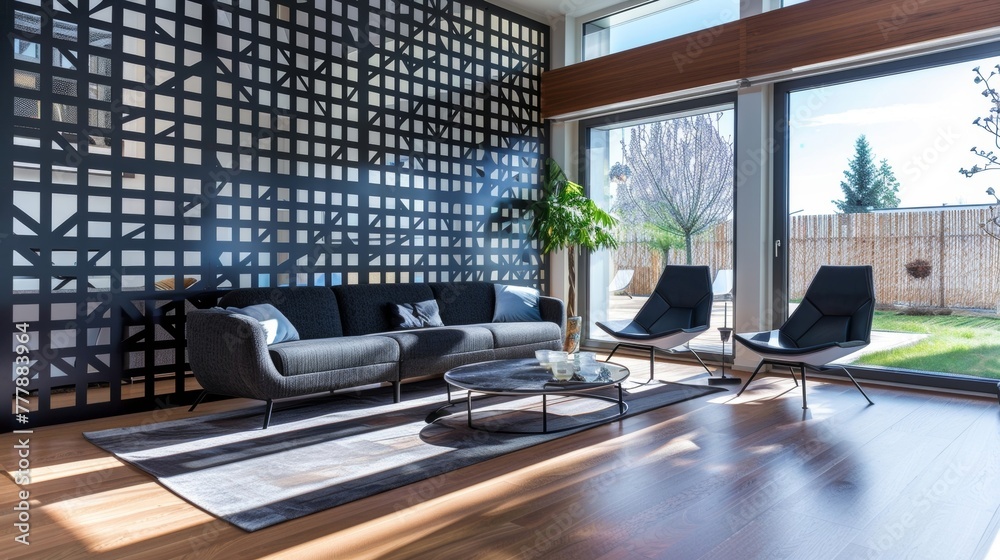 The living room features a sleek industrialinspired accent wall with a ...