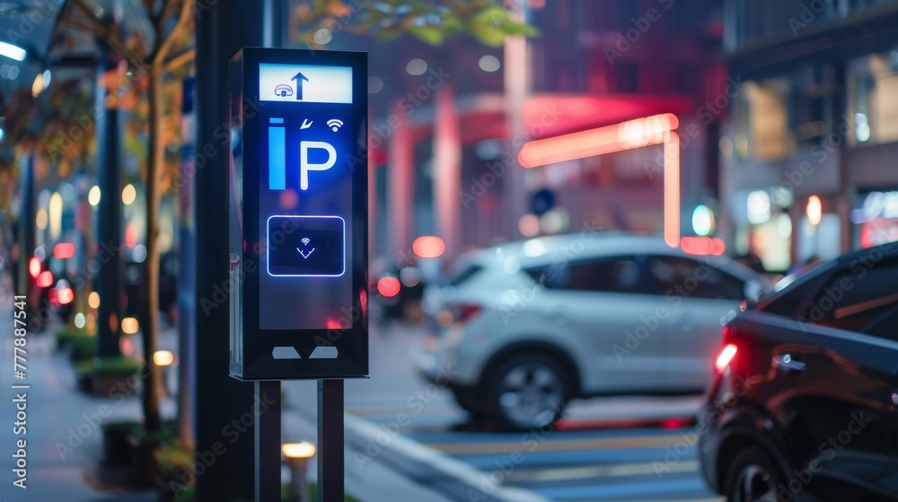 IoT smart parking sign at city entrance welcoming visitors with real ...