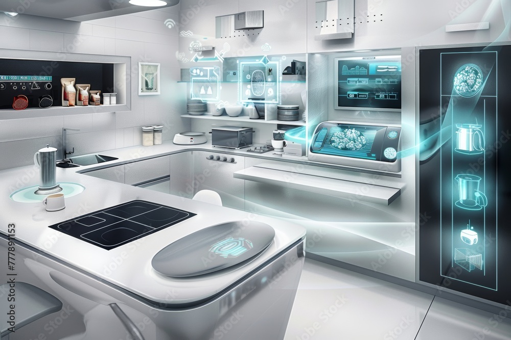 A futuristic kitchen with a countertop that has a digital screen on it ...