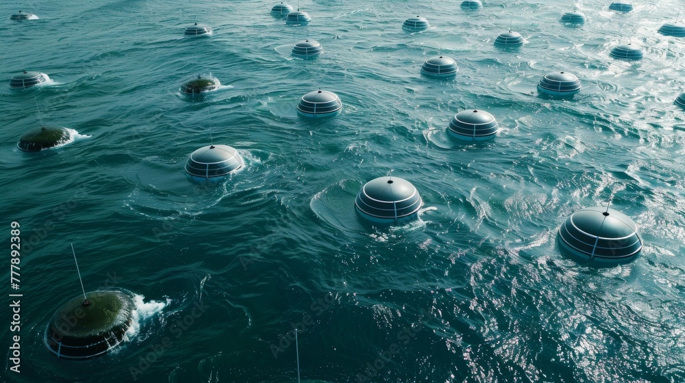 An aerial view shows a vast ocean filled with floating buoylike devices ...
