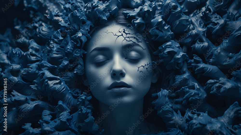 Overwhelmed, broken, nightmare, overthink concept with a woman with ...