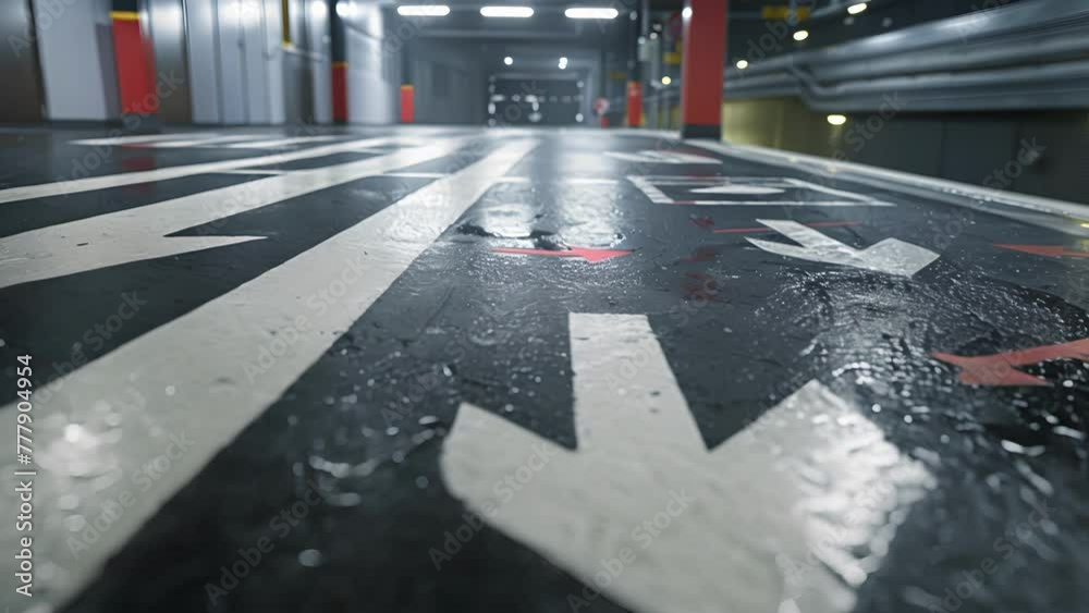 A closeup of the directional arrows and symbols on the ground guiding ...