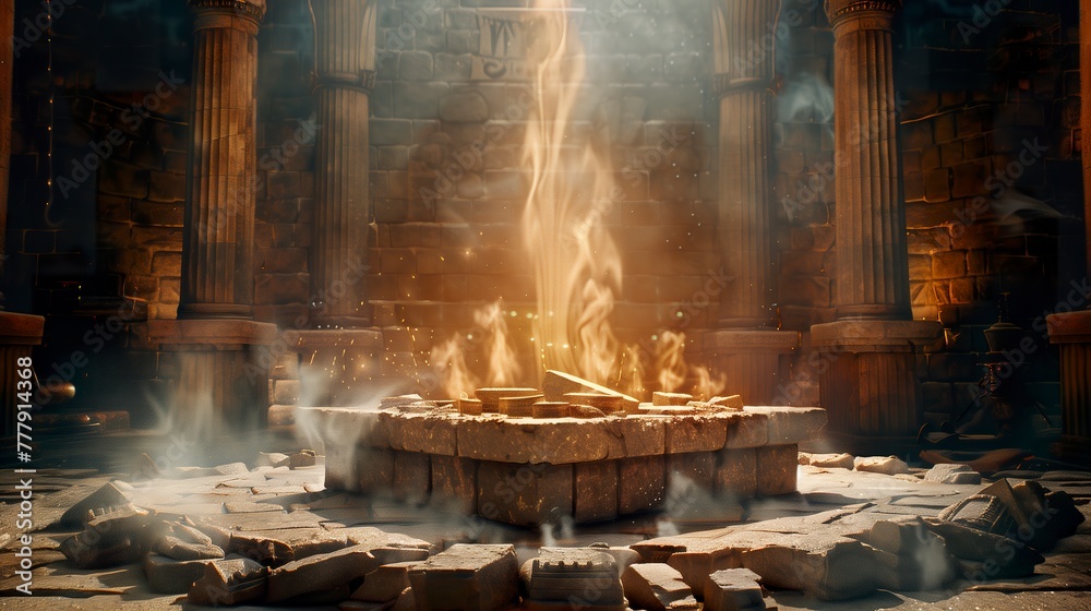 Abstract illustration of stone altar with wood burned by fire ...