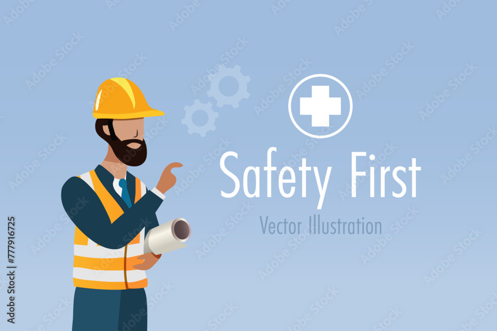 Industrial engineering pointing at safety first sign, remind for safety ...