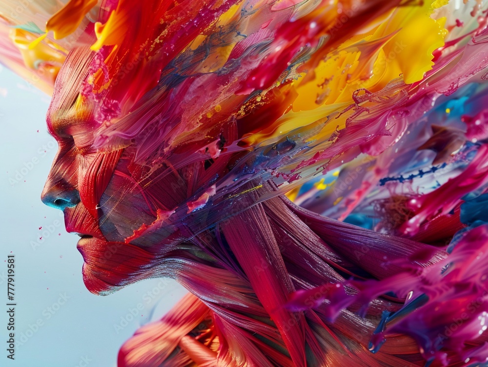 Vivid bursts of color mixing with the sinewy texture of human muscles ...