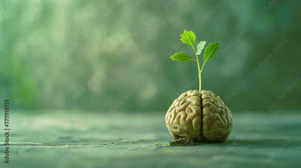 A small plant is growing out of a brain. Concept of growth and ...
