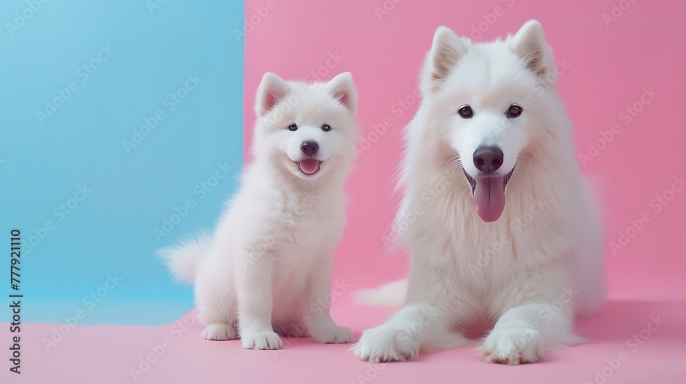 female Samoyed smiles for the camera while her pup grows a bit ...