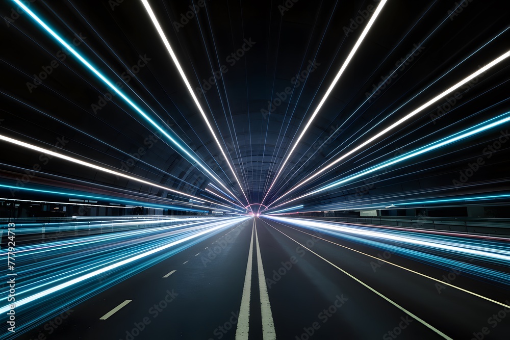 High speed lights streak from road in futuristic blue line image Stock ...